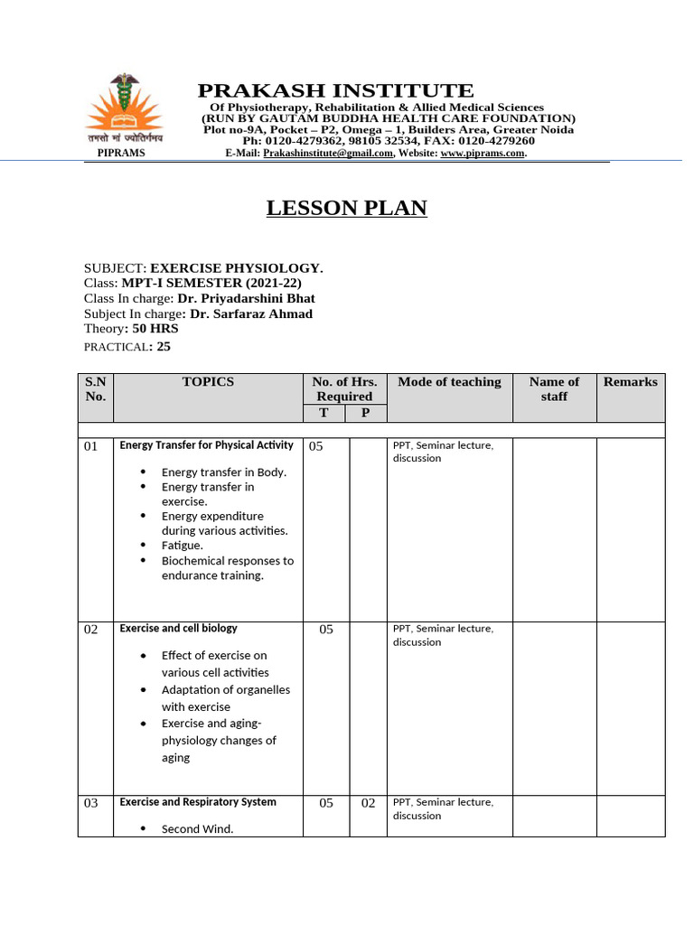 Exercise Physiology Lesson Plan MPT | PDF | Stress (Biology) | Breathing