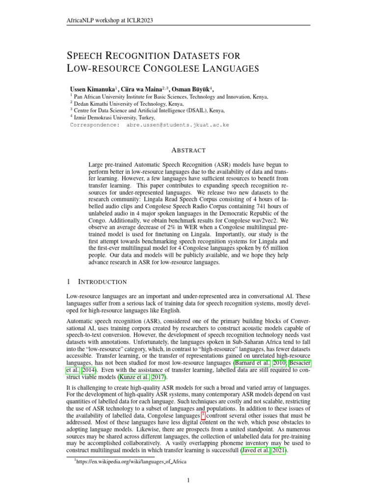 SPEECH RECOGNITION DATASETS FOR LOW-RESOURCE CONGOLESE LANGUAGES | PDF ...