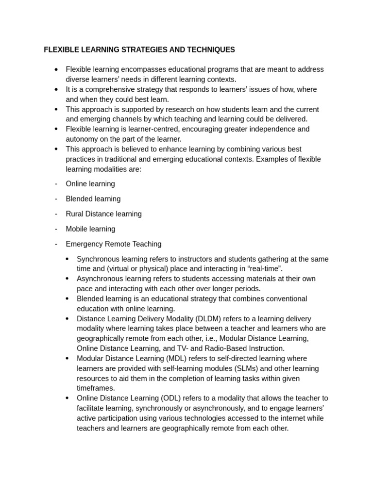 Flexible Learning Strategies and Techniques | PDF | Distance Education | Learning