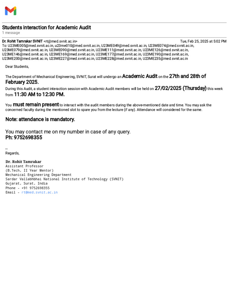 Gmail - Students Interaction For Academic Audit | PDF
