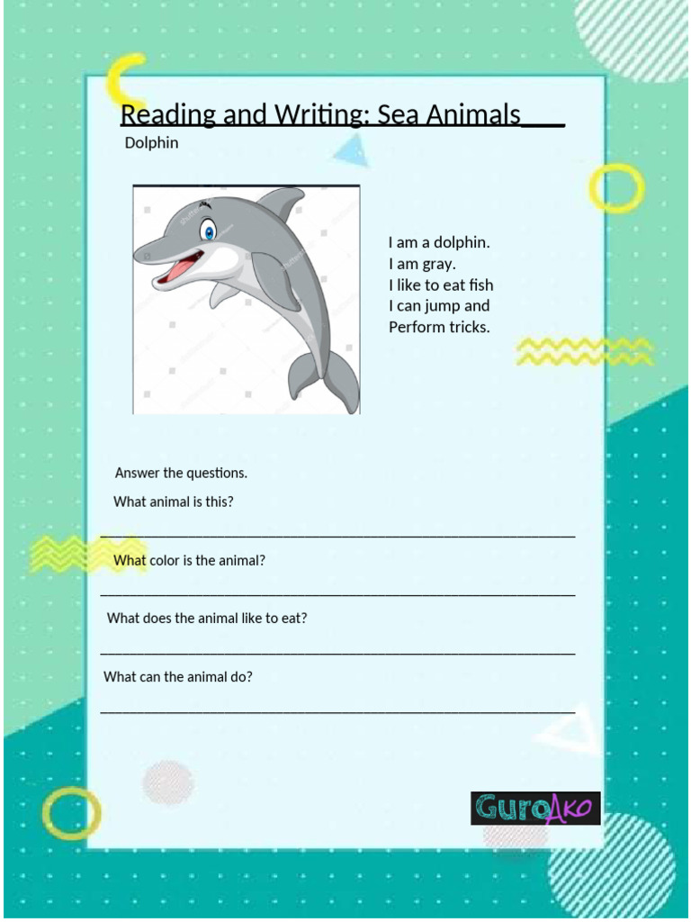 Reading and Writing Animal Sea Animals Dolphin | PDF
