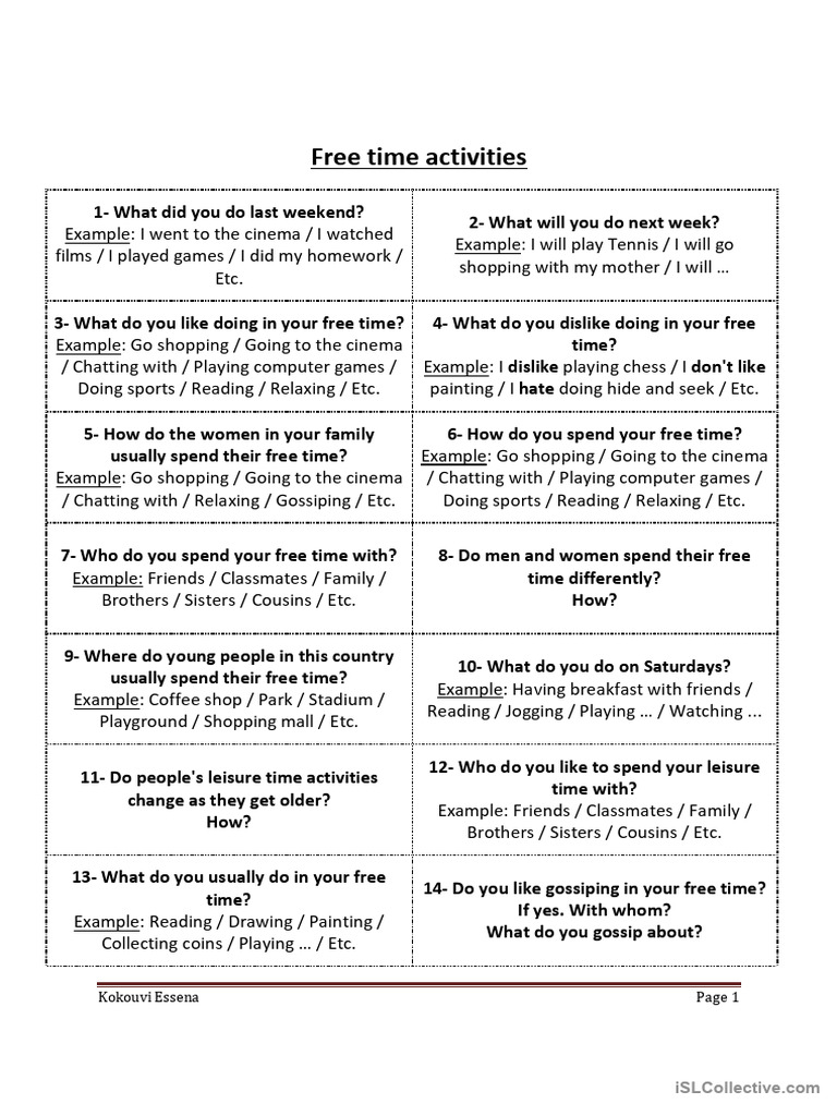 Free Time Activities | PDF | Leisure