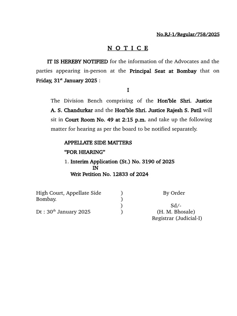 Bombay High Court Hearing Notice | PDF