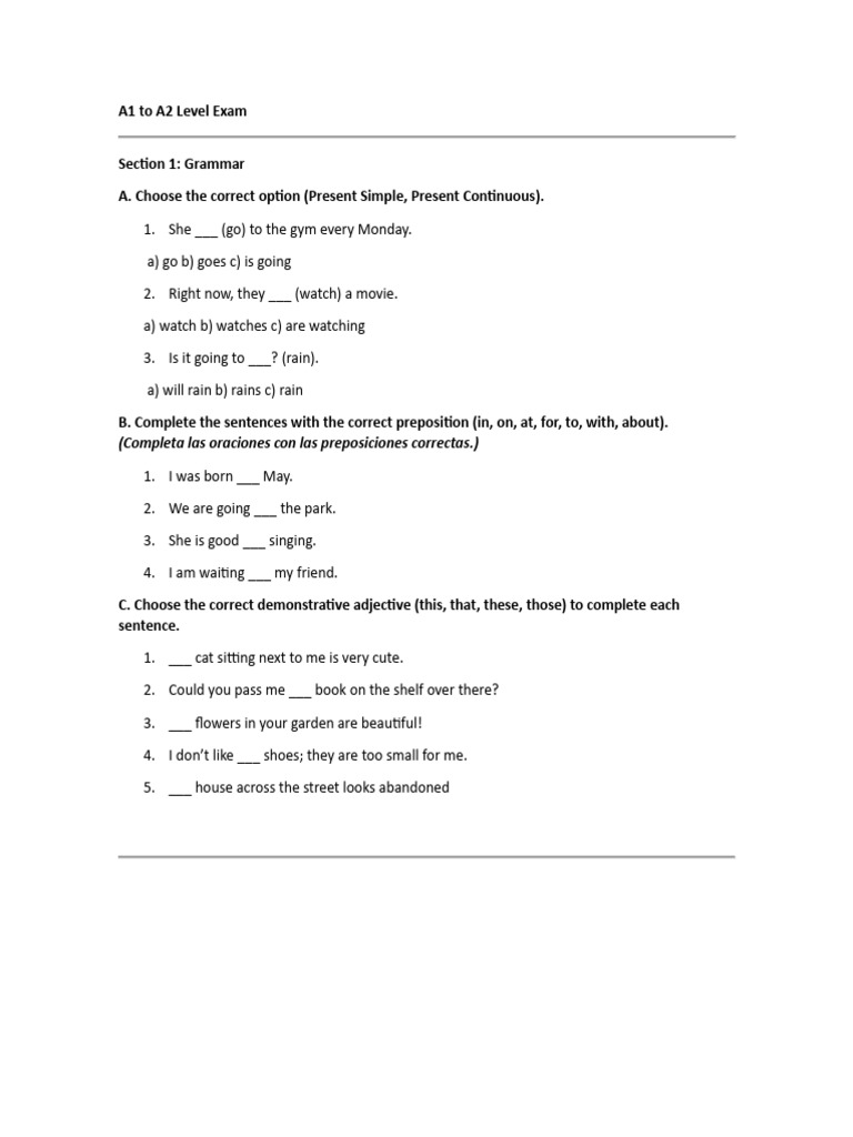 A1 to A2 Level Exam | PDF | Human Communication | Linguistics