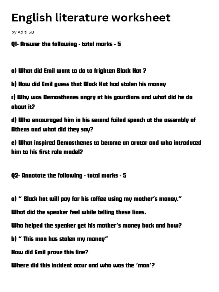 English Literature Worksheet | PDF