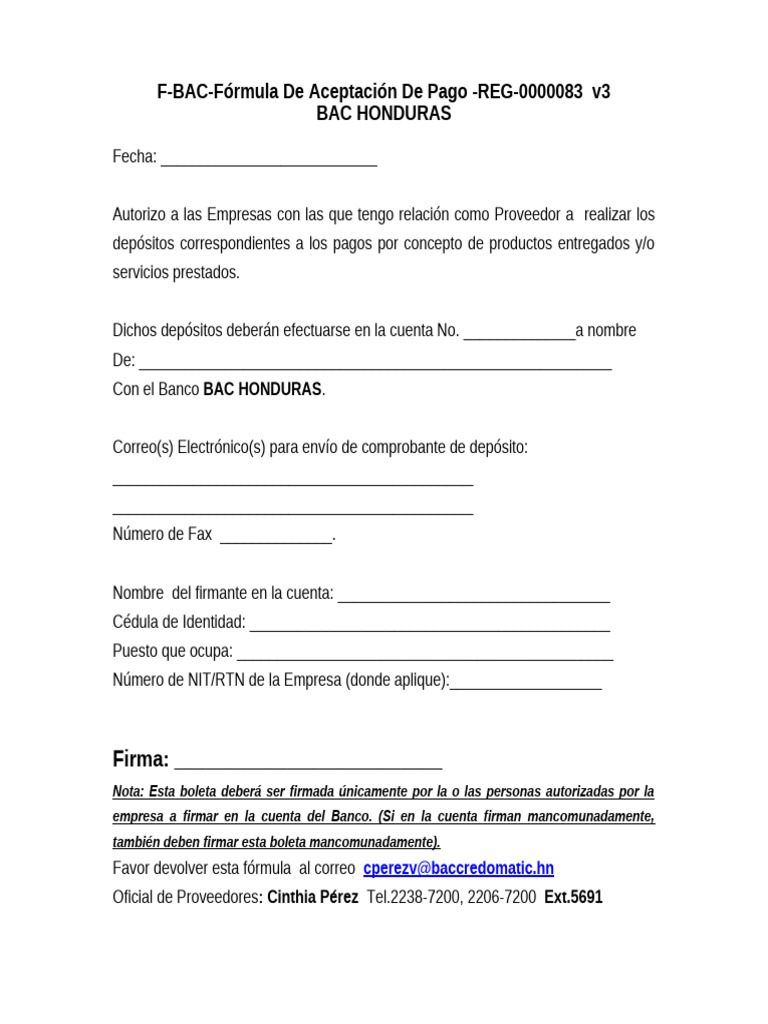 AA F-BAC-Fórmula de Aceptación de Pago REG-0000083 v3 | PDF