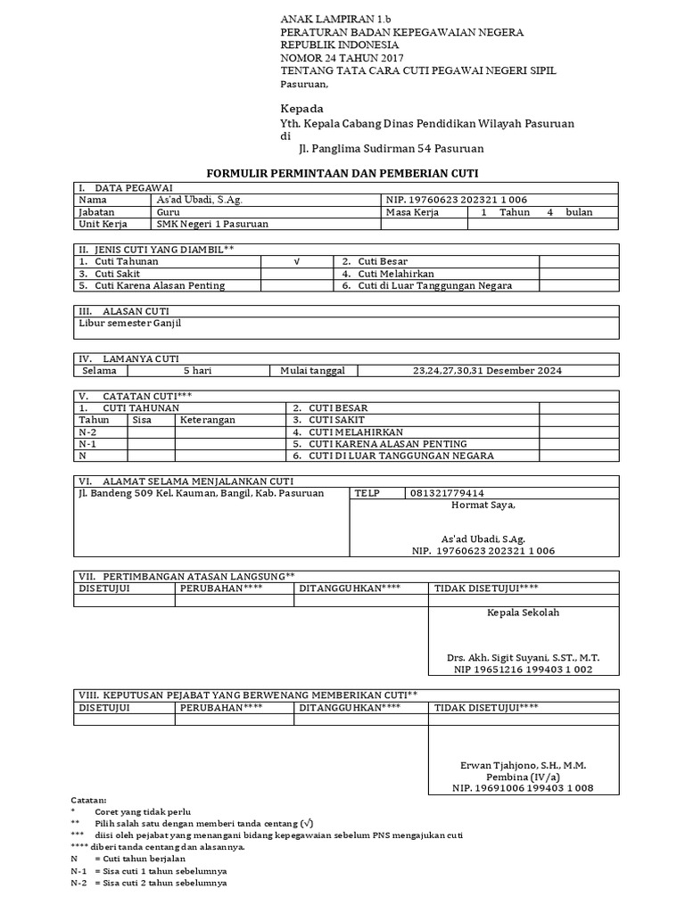 Format Cuti Liburan Asn | PDF