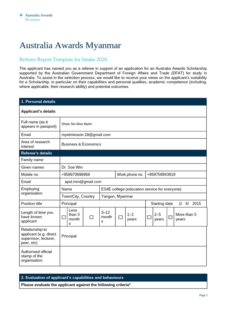 Australia Awards Myanmar Referee Report Template Intake 2026 | PDF ...