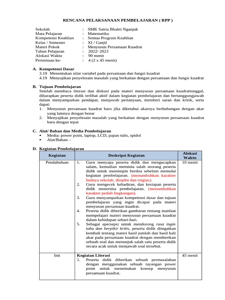 RPP Mat Kelas Xi Menyusun Persamaan Kuadrat | PDF