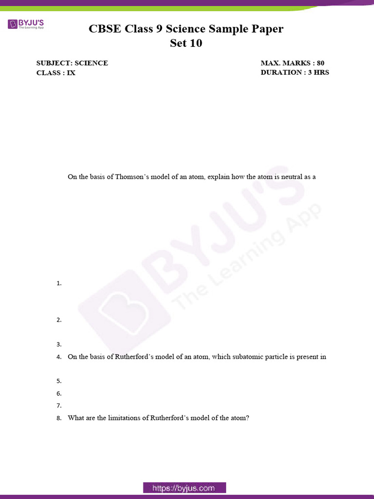 CBSE Class 9 Science Sample Paper Set 10 | PDF | Atoms | Chlorine