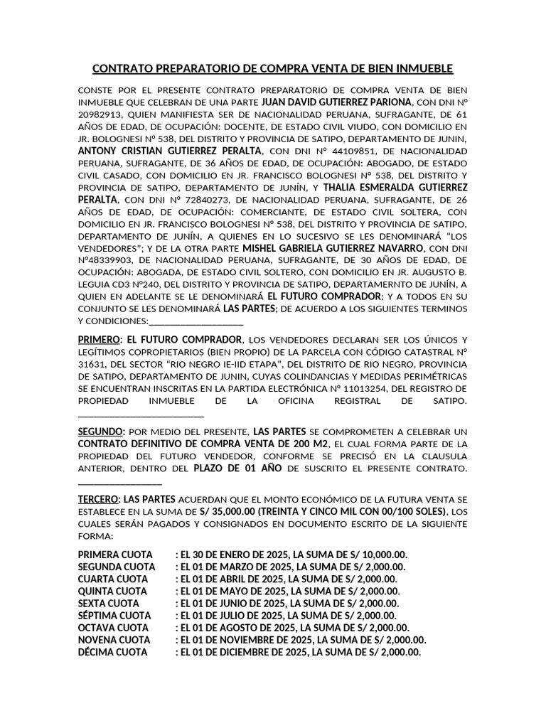 Contrato Preparatorio de Compra Venta de Bien Inmueble - Final | PDF | Derecho privado | Ley común