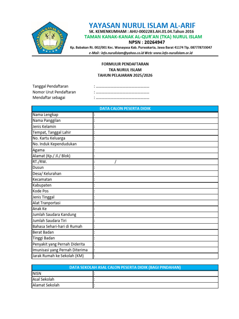 Formulir Pendaftaran TKA 2025/2026 | PDF