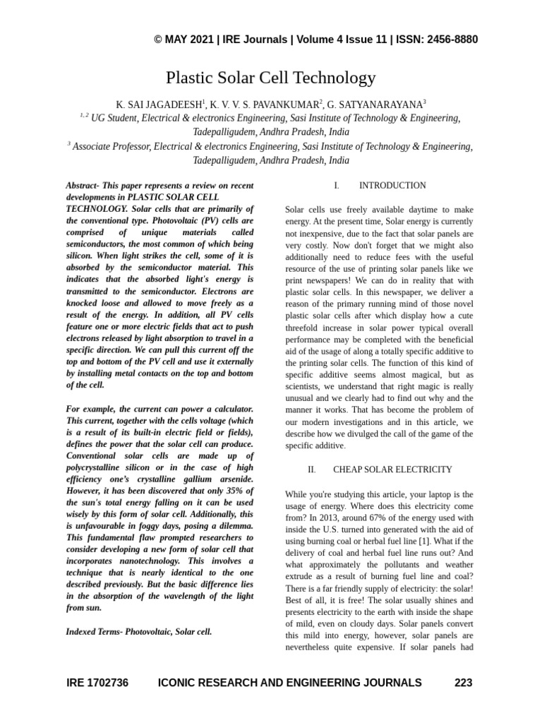 Plastic Solar Cell Technology | PDF | Physical Sciences | Electricity