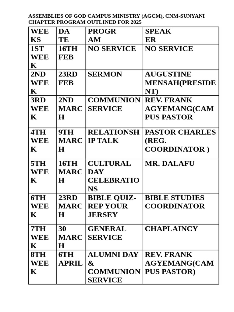 Assemblies of God Campus Ministry (Agcm), Cnm-Sunyani Chapter Program Outlined For 2025 | PDF