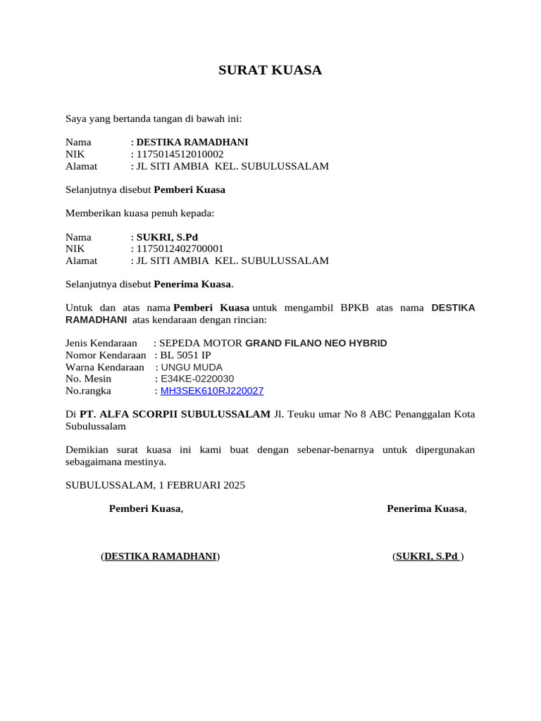 Surat Kuasa Pendi | PDF