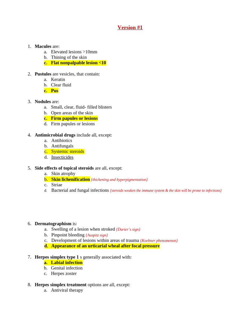 Derma final exam ,all version | PDF | Dermatitis | Psoriasis