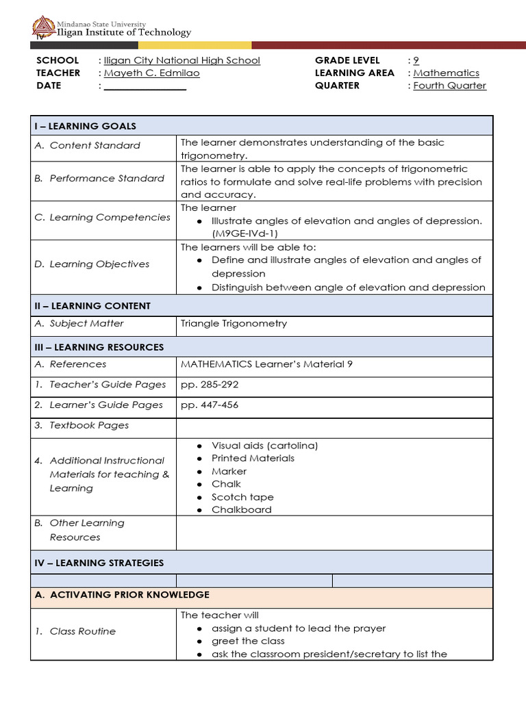 Trigonometry: Angles of Elevation & Depression | PDF | Trigonometry ...