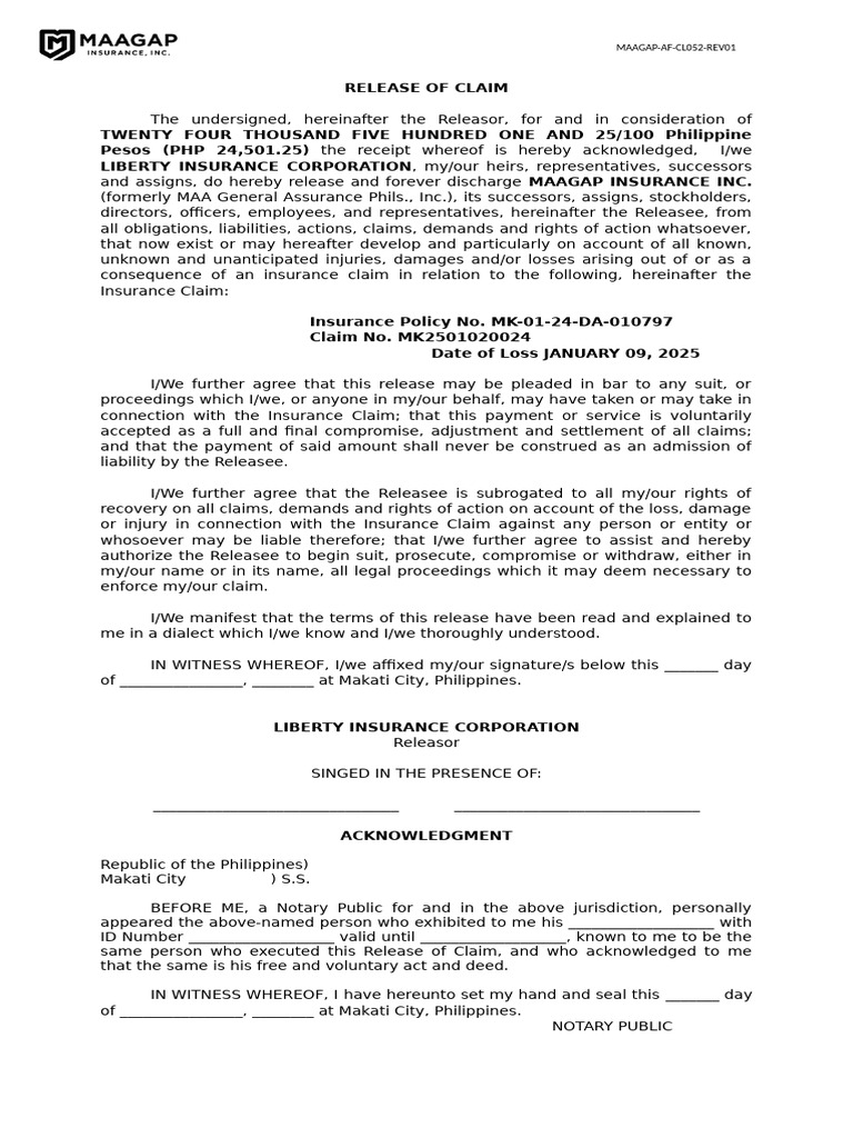 Release of Claim - Final - Rev01 | PDF | Insurance | Legal Liability