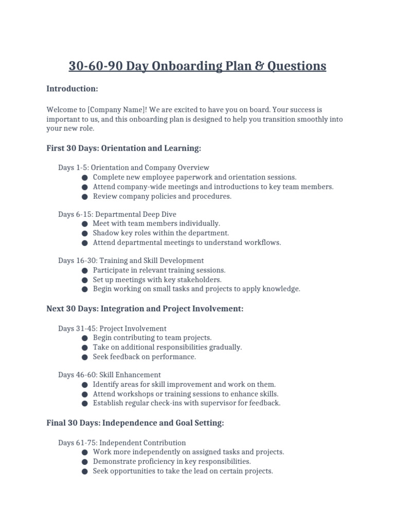 30-60-90 Day Onboarding Plan & Questions | PDF | Goal Setting | Goal