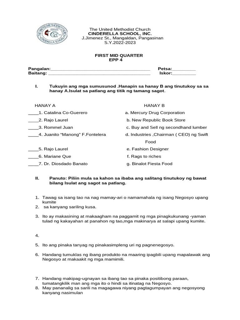 1ST Mid Quarter Epp 4 | PDF