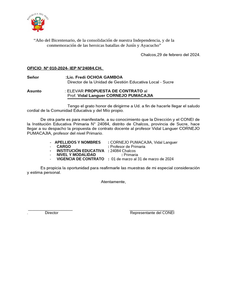 Oficio-Propuesta-de-Contrato-Docente vidal cornejo | PDF