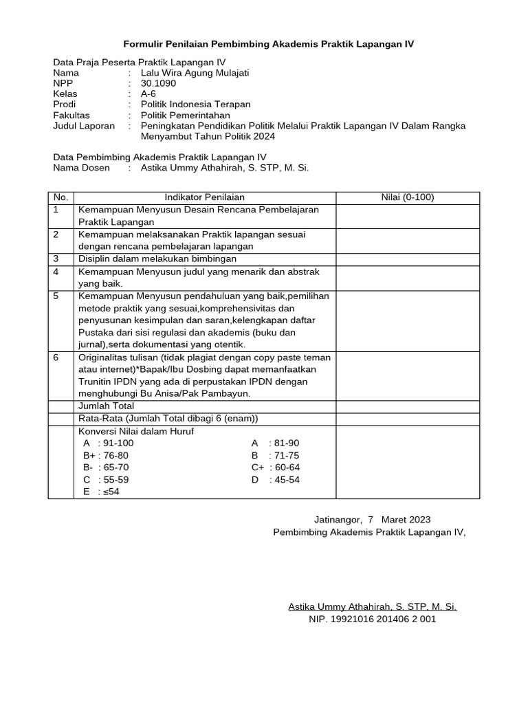 Formulir Penilaian Pembimbing Akademis Praktik Lapangan IV | PDF