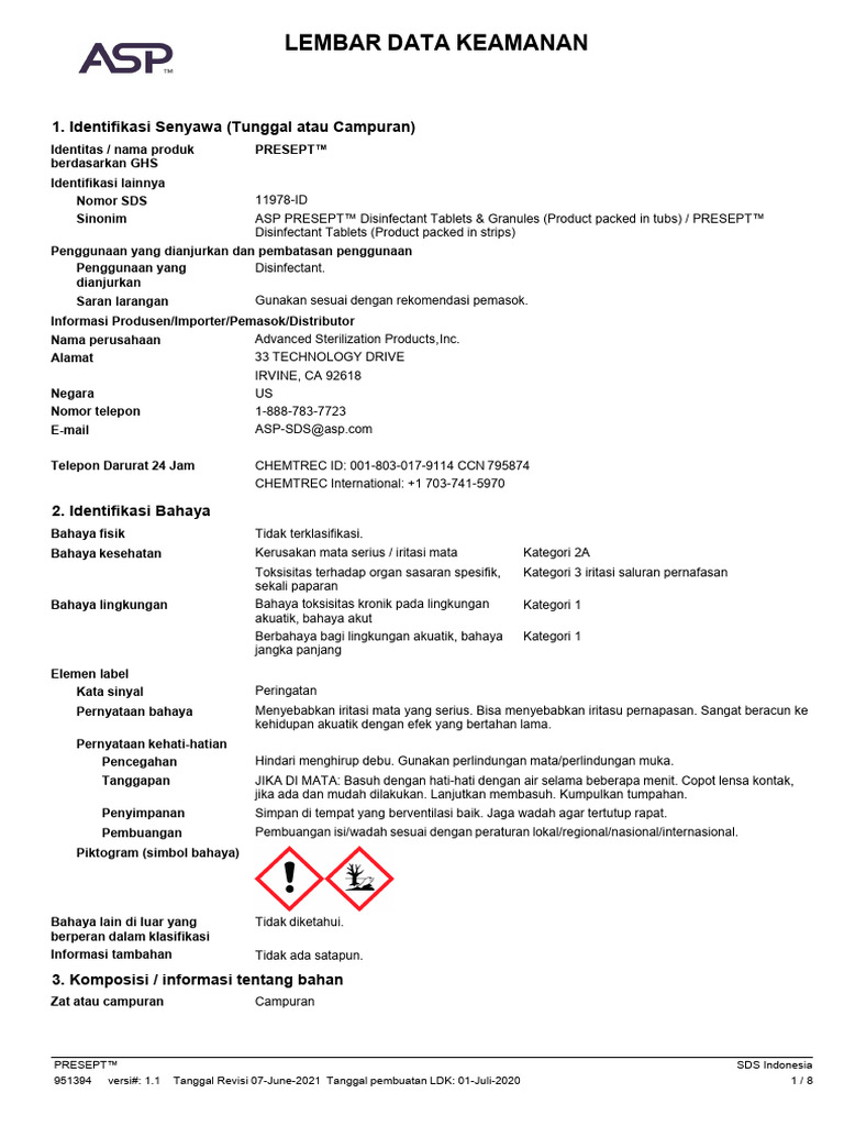 ASP PRESEPTTM Disinfectant Tablets & Granules - Indonesia | PDF
