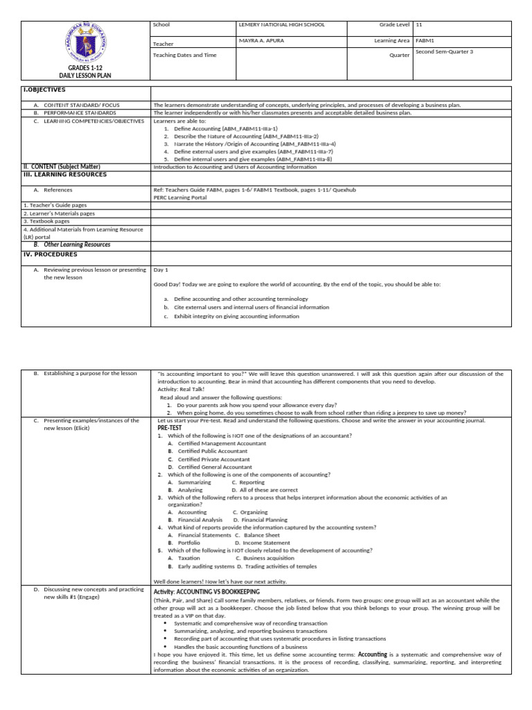 Lesson-plan-Introduction To Accounting | PDF | Equity (Finance ...