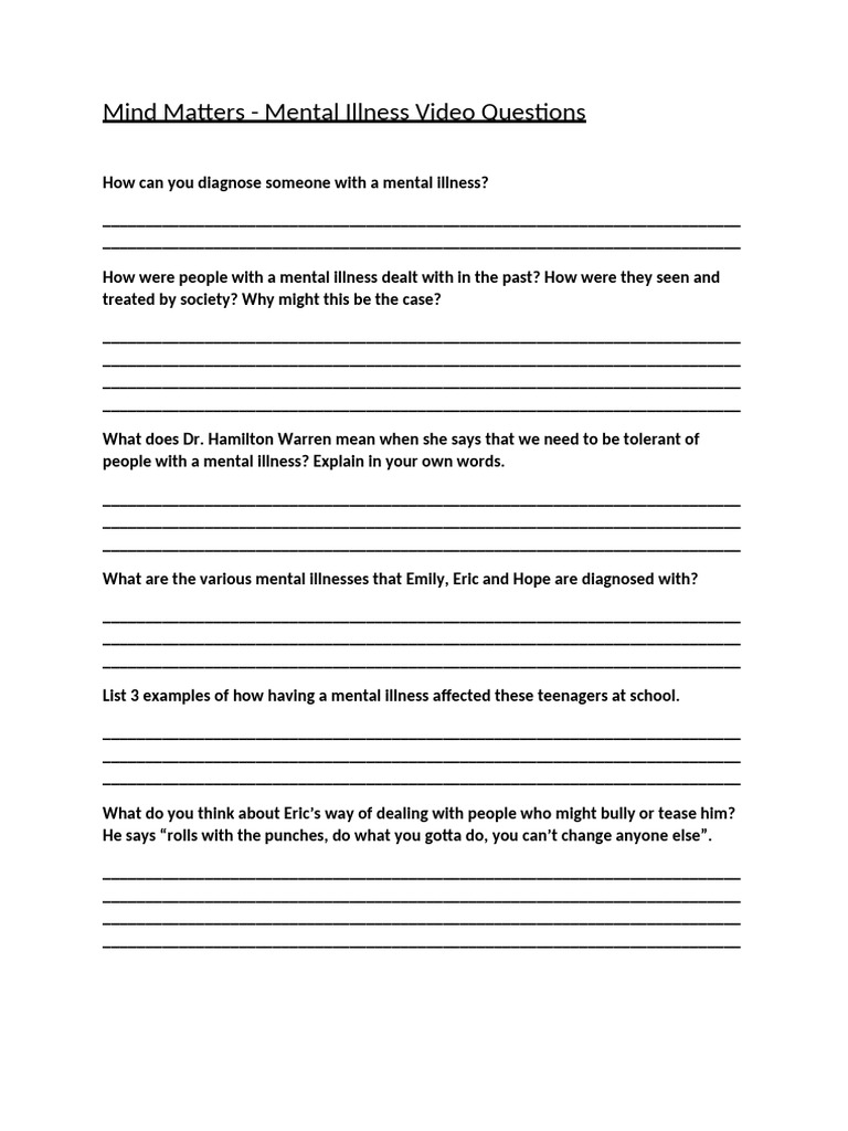 Mind Matters Video Question Sheet | PDF | Mental Disorder | Psychiatric ...