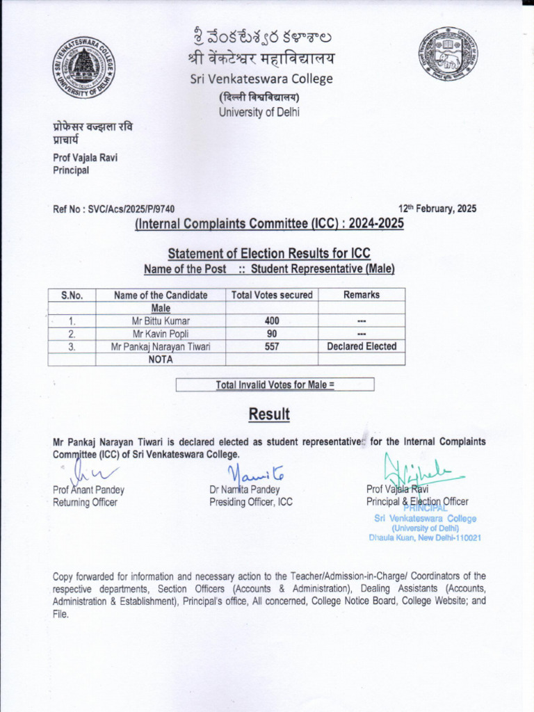 Statement of Election Result For Internal Complaints Committee For ...