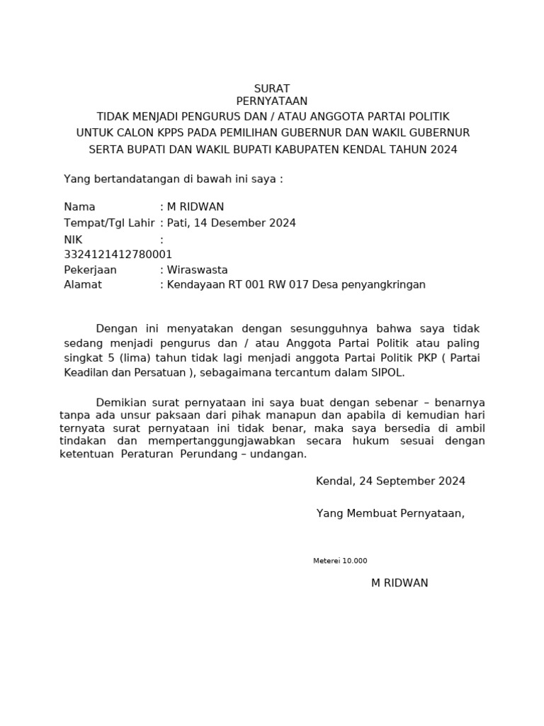 Master Surat Pernyataan Bukan Anggota Parpol - KPPS | PDF