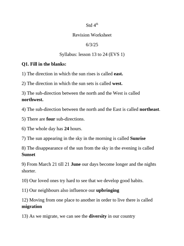 Std 4 EVS Revision Worksheet | PDF | Sunset | Hail