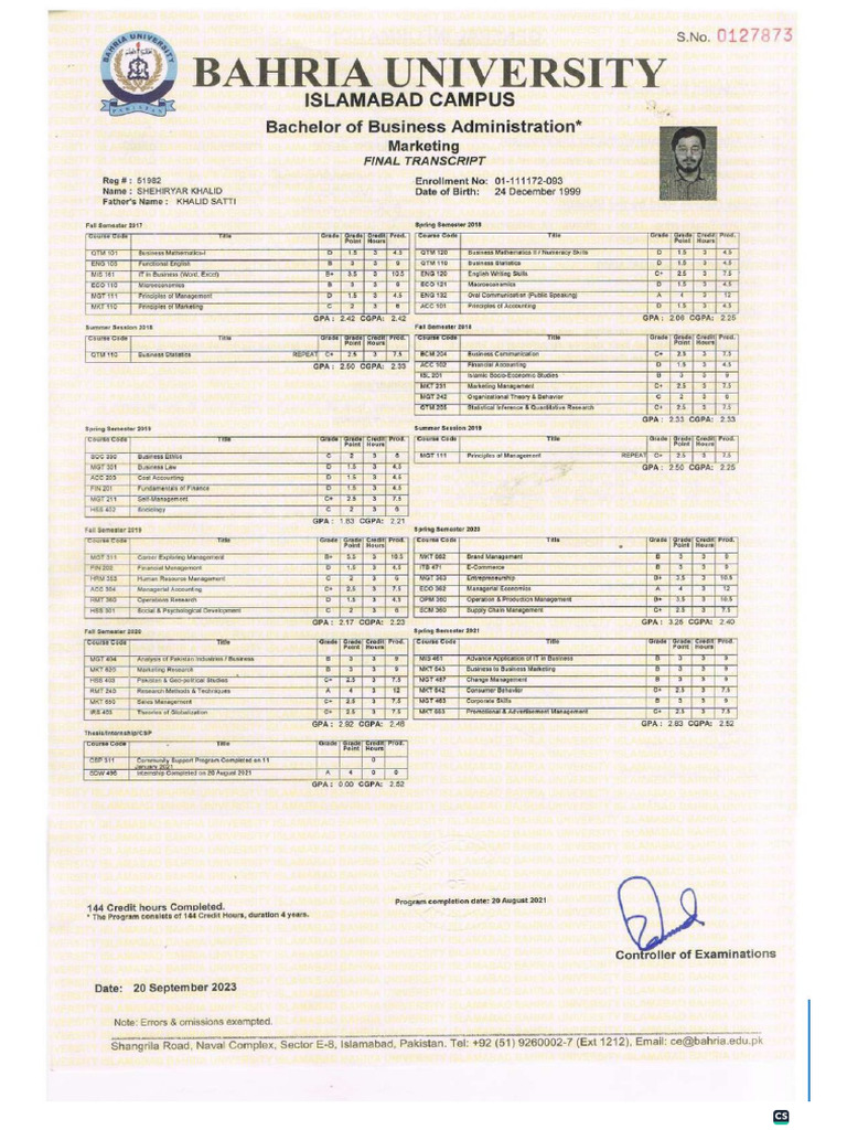 Degree With Grading Scale (Shariyar) | PDF
