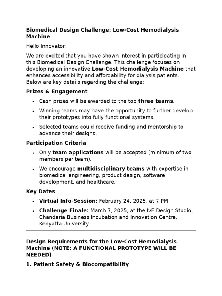 Biomedical Design Challenge | PDF | Hemodialysis | Phases Of Clinical ...