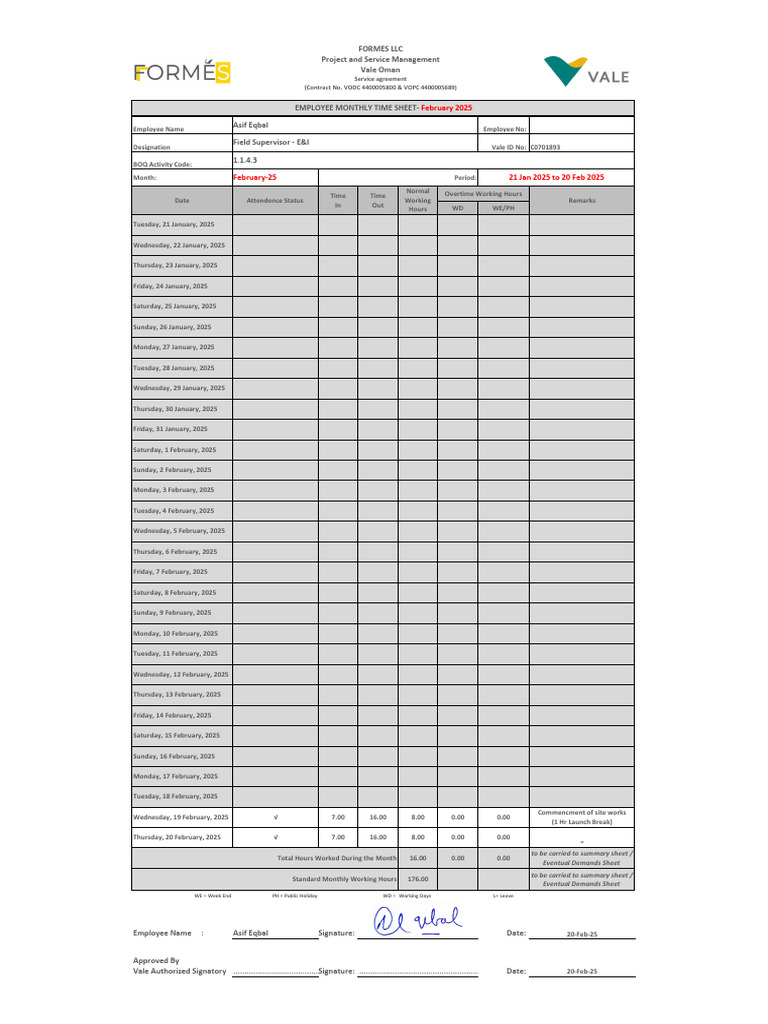 Monthly Timesheet - Feb 2025 - Asif Eqbal | PDF