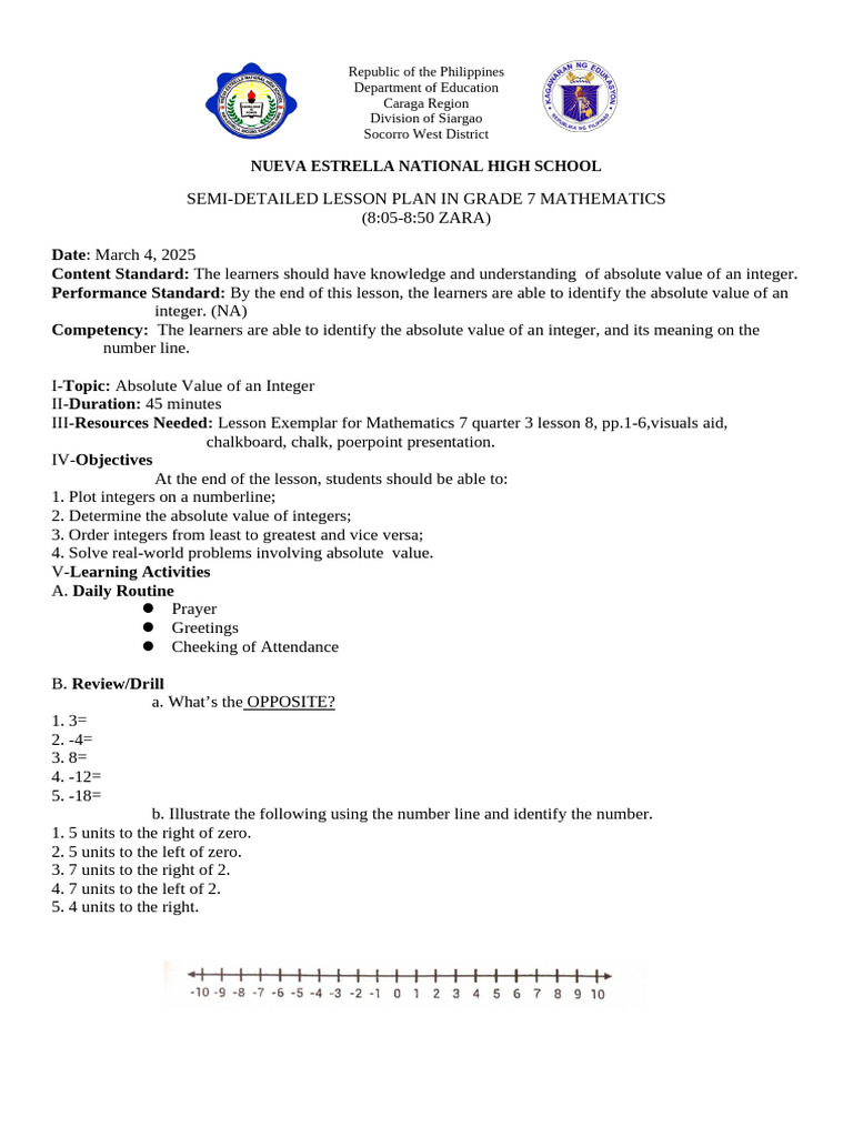 SEMI-detailed Lesson Plan in Math 7 ABSOLUTE VALUE | PDF | Numbers ...