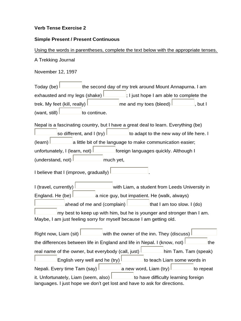 Verb Tense Exercise 2 Simple Present / Present Continuous | PDF