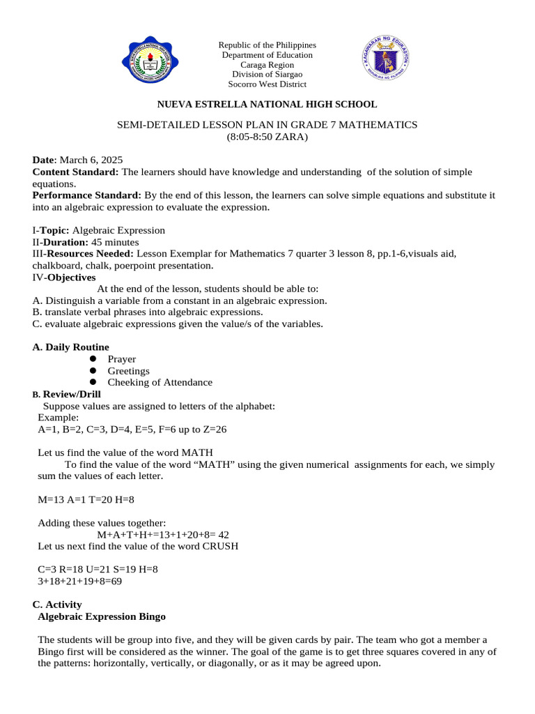 semi detailed lp for grade 7 | PDF | Polynomial | Variable (Mathematics)