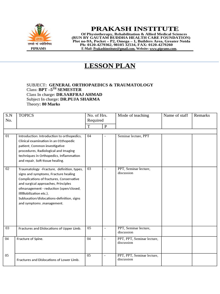 Lesson Plan BPT-5TH Sem General Orthpaedics & Traumatology | PDF | Arthritis | Orthopedic Surgery