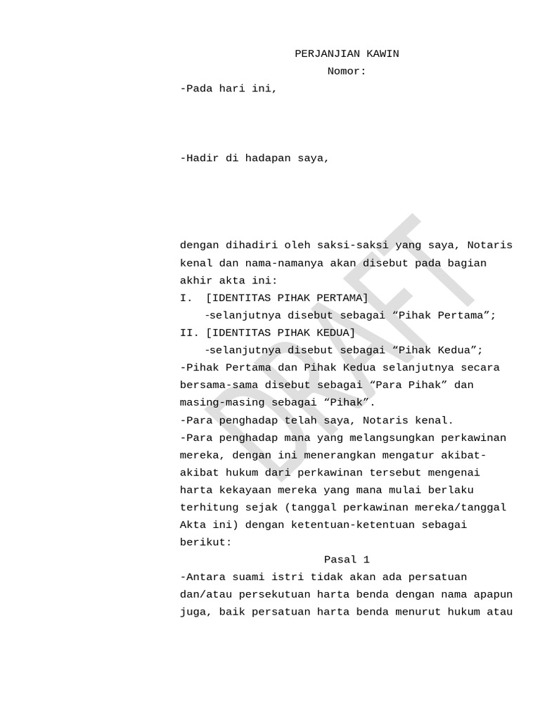 Draft Perjanjian Kawin Pisah Harta | PDF