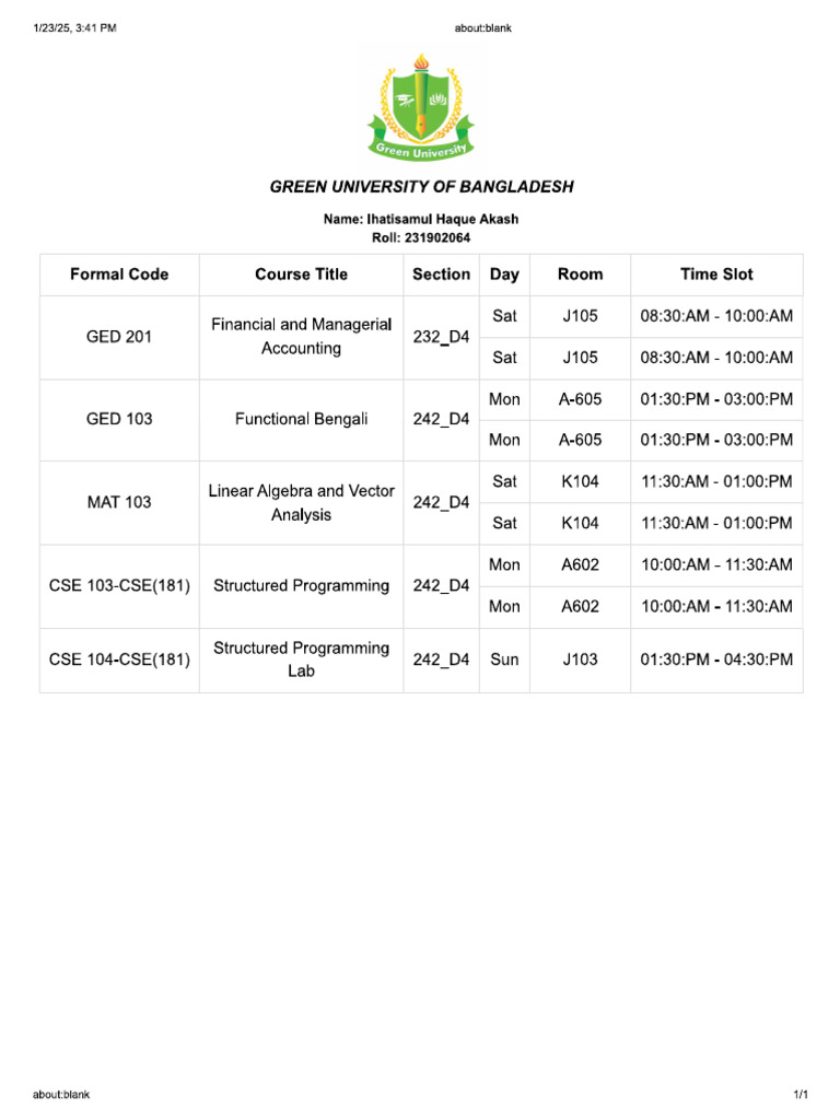 Class Routine 2025 | PDF