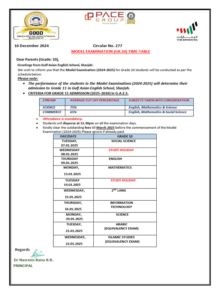 MODEL EXAMINATION (GR.10) TIME-TABLE - Parents Circular No. 277 | PDF ...