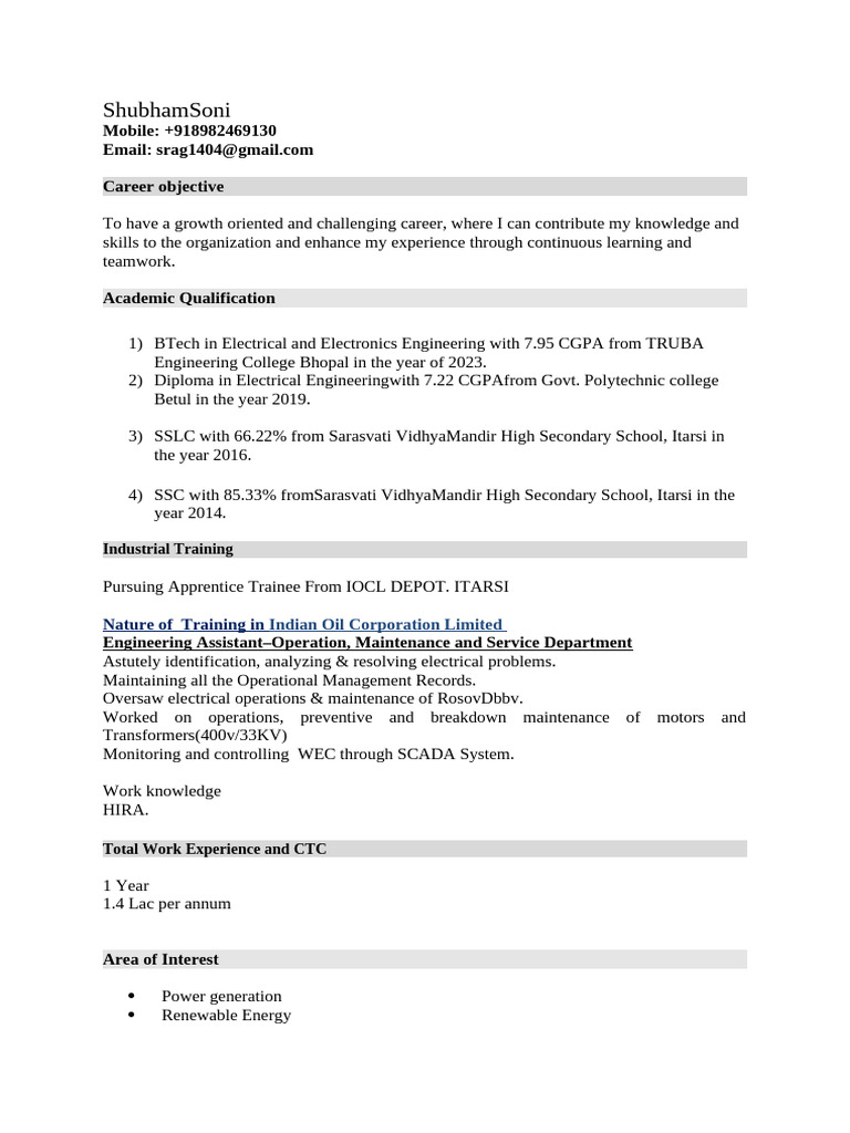 Shubham CV iocl new 2023 | PDF