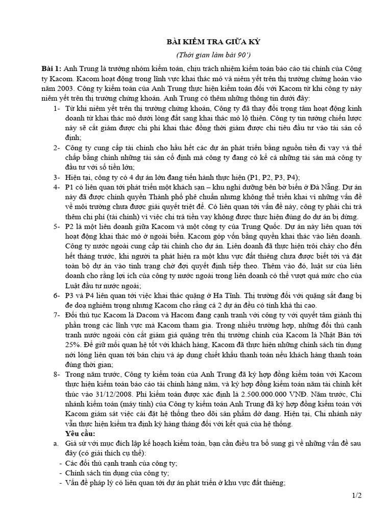 Bài Kiểm Tra Giữa Kỳ Kiểm Toán Tài Chính K63 | PDF