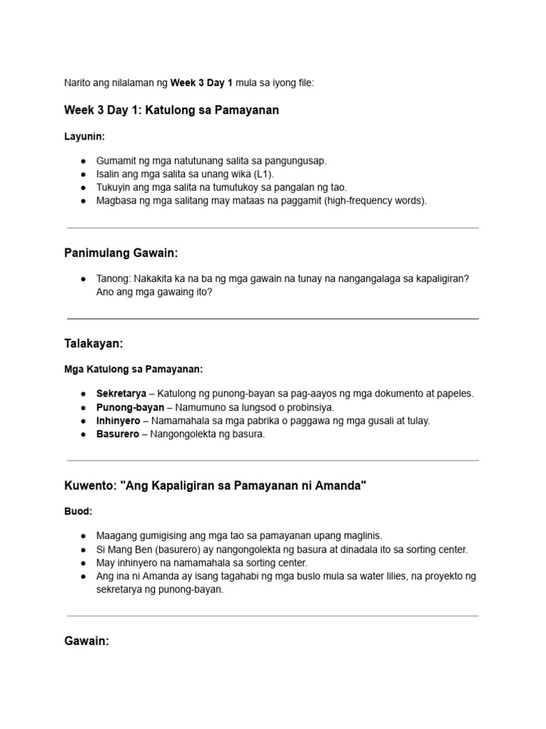 Week 3 Day 1 - Katulong Sa Pamayanan | PDF