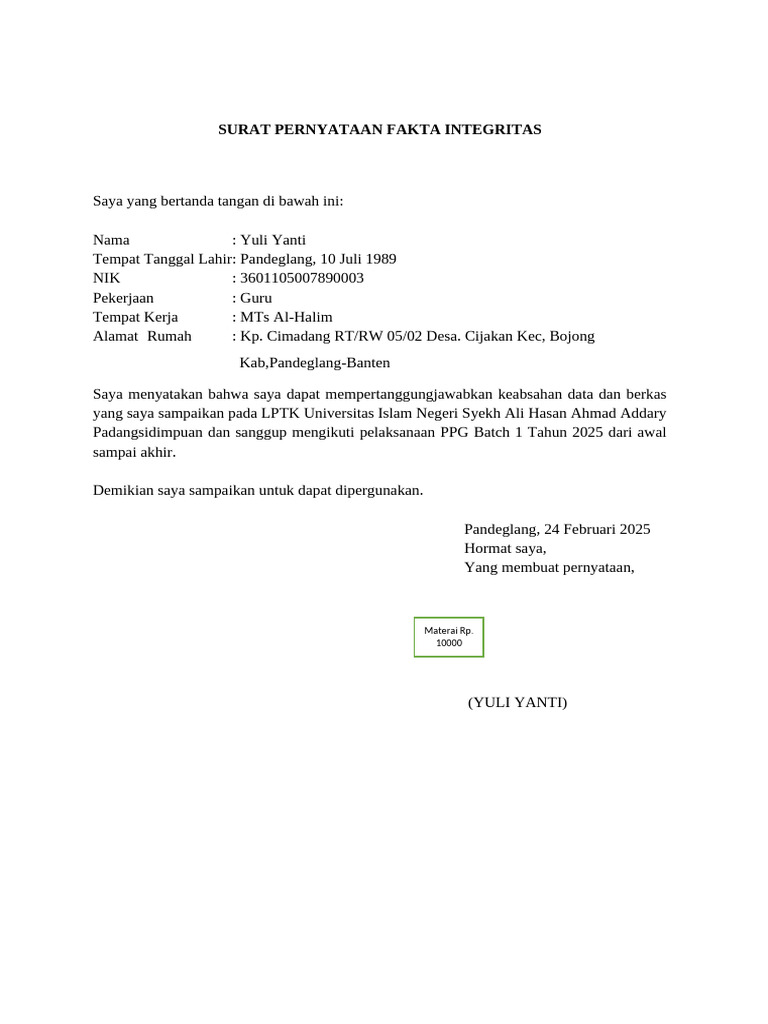 SURAT PERNYATAAN FAKTA INTEGRITAS - PPG FTIK UIN Syahada Padangsidimpuan | PDF