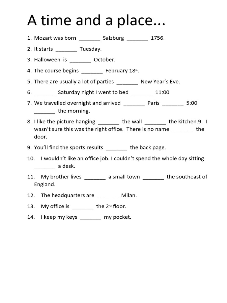 Prepositions: In, On, At Exercises | PDF