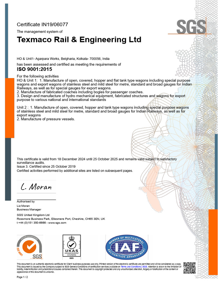 ISO 9001:2015 Certification for Texmaco | PDF | Rail Transport