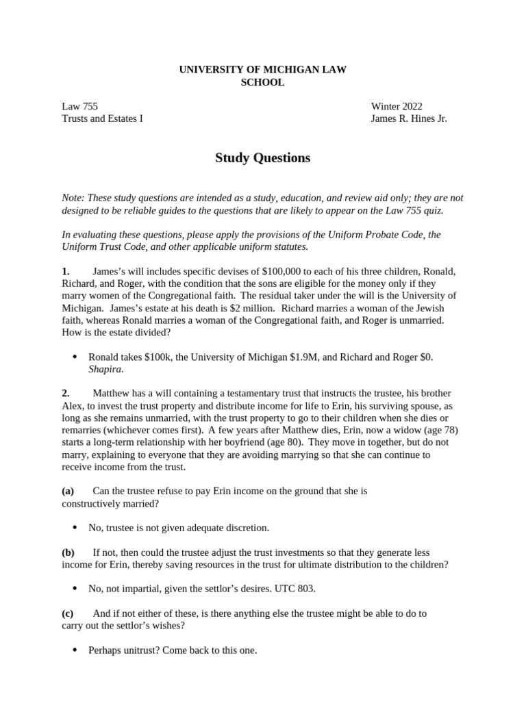 Trusts and Estates Study Questions | PDF | Will And Testament | Common Law
