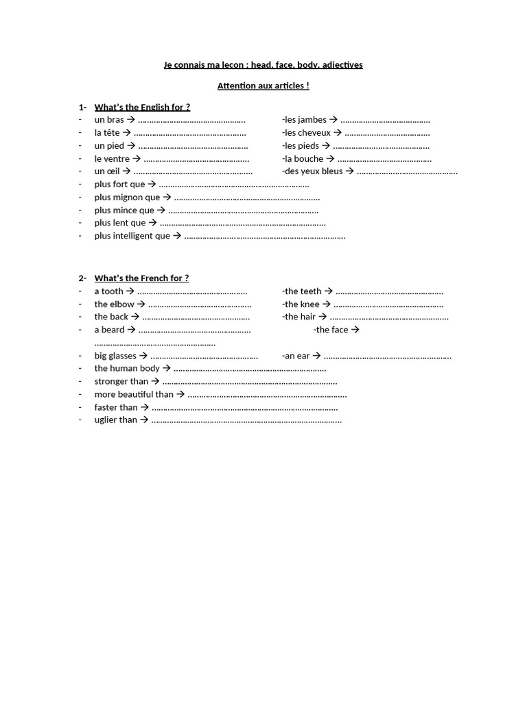 Je Connais Ma Leçon Head, Face, Body, Adjectives 6°4 | PDF